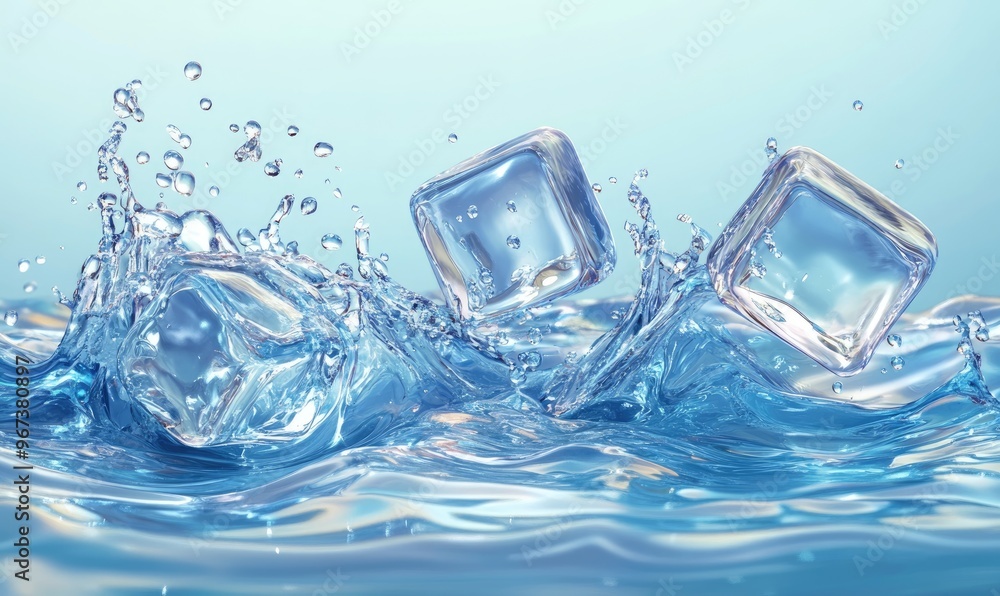 Ice cubes splashing into a clear blue wave with bubbles featuring a ...