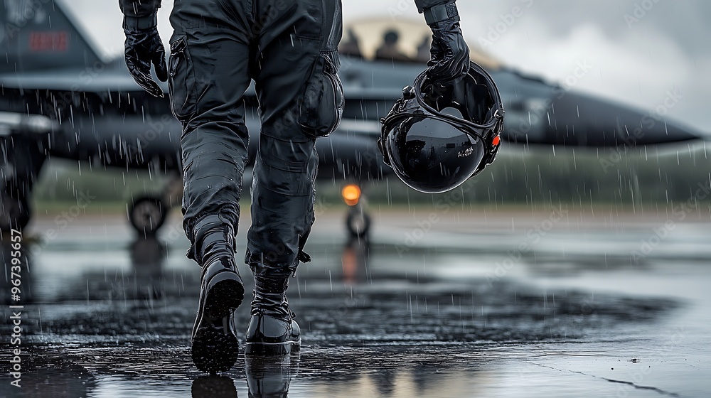 An Air Force pilot stepping down from his fighter jet, the ground slick ...