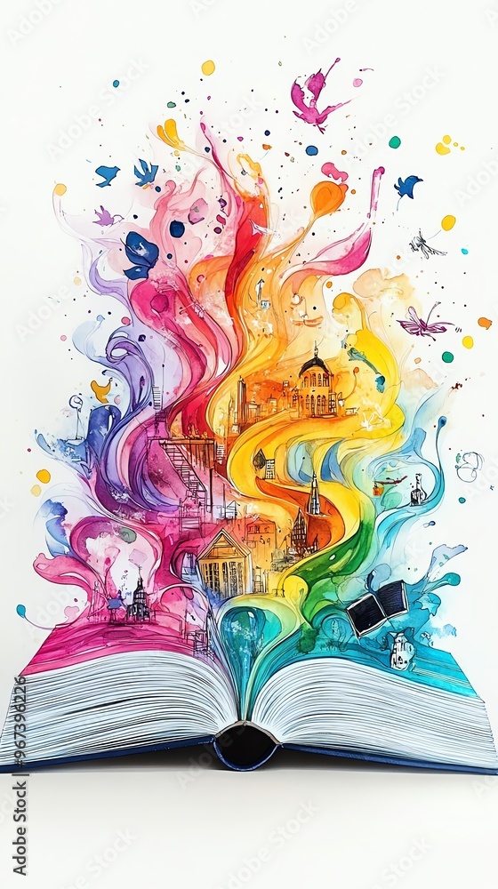 A side view of an open book with vivid, swirling colors depicting ...