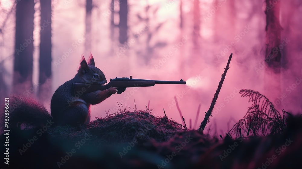 Squirrel with sniper rifle in synthwave smoke, cross-processed ...
