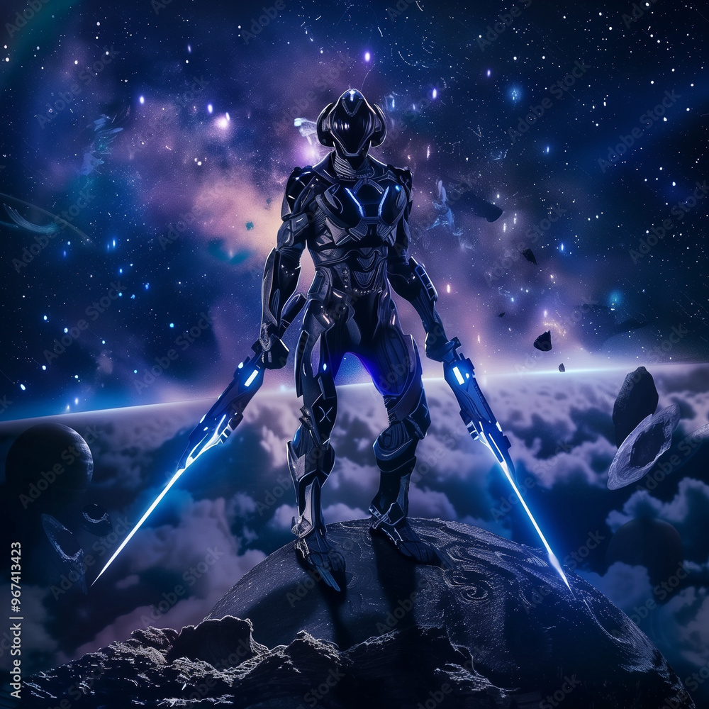 Galaxy Warrior in Futuristic Armor Wielding Dual Energy Swords on an ...