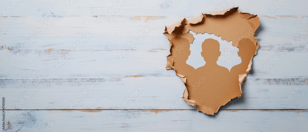 Torn family portrait on an empty dining table, estrangement, fractured ...