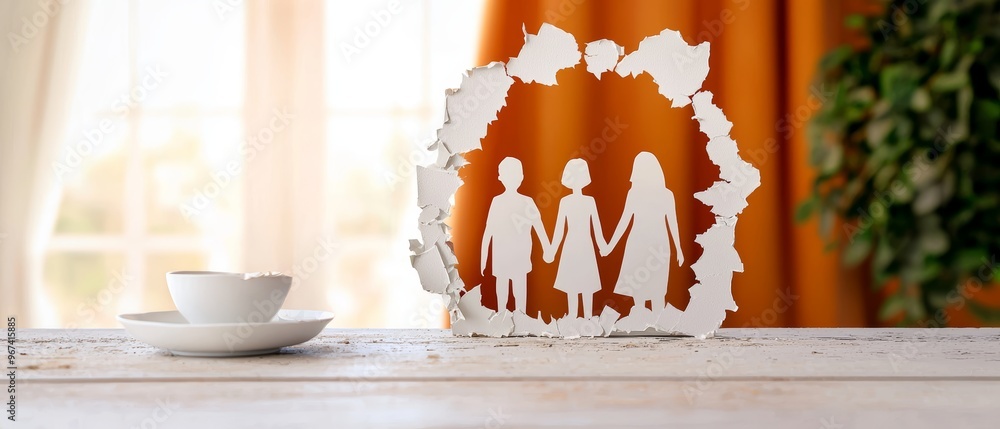 Torn family portrait on an empty dining table, estrangement, fractured ...