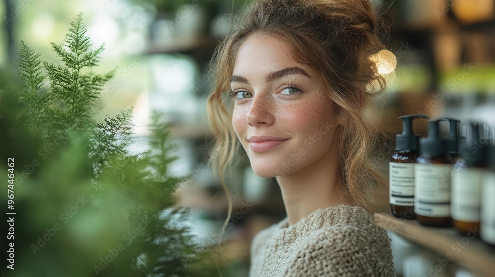 young woman with natural makeup examining ecofriendly skincare products ...
