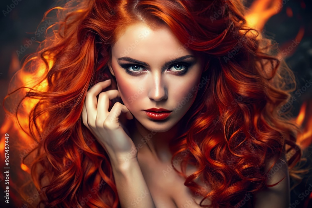 "Red-haired temptress seductively strokes her matching fiery locks, her ...