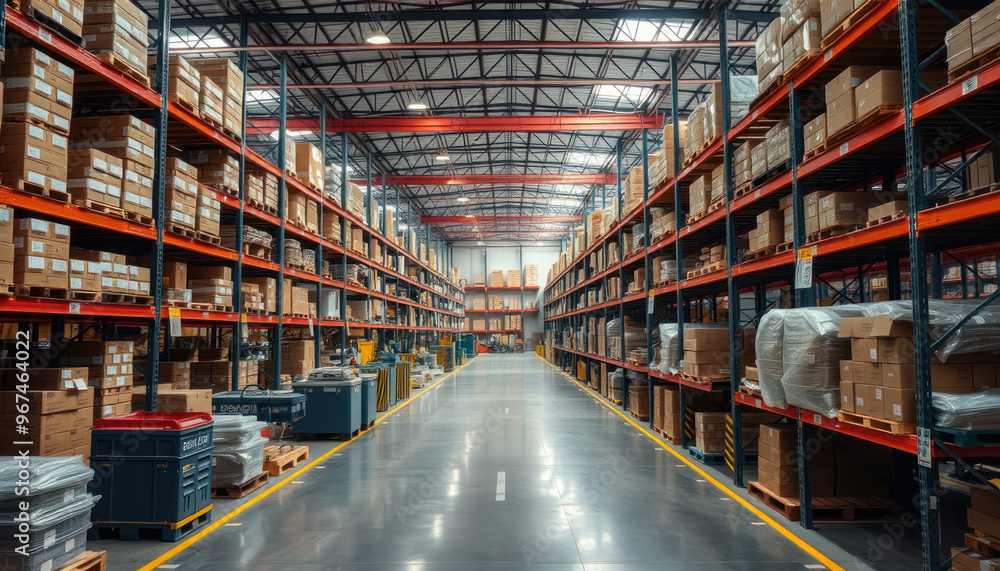 Warehouse interior with rows of shelves and boxes. Industrial ...