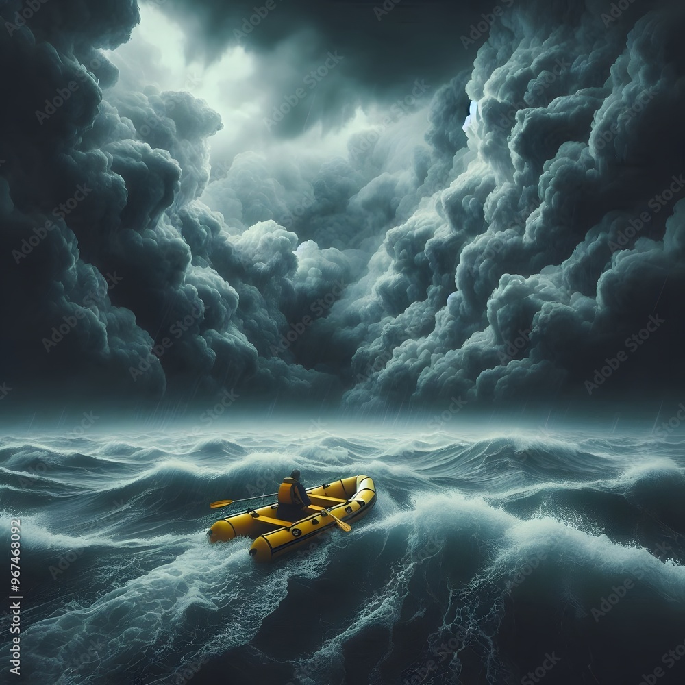 lone yellow raft drifting through choppy waters beneath an ominous ...