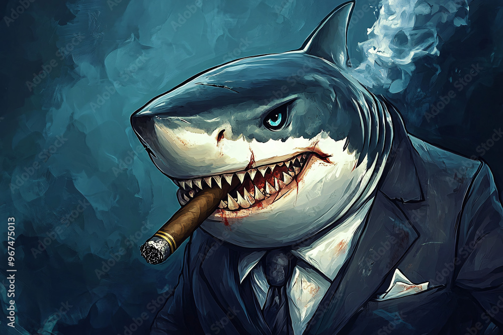 fierce shark wearing a formal business suit and smoking a cigar ...