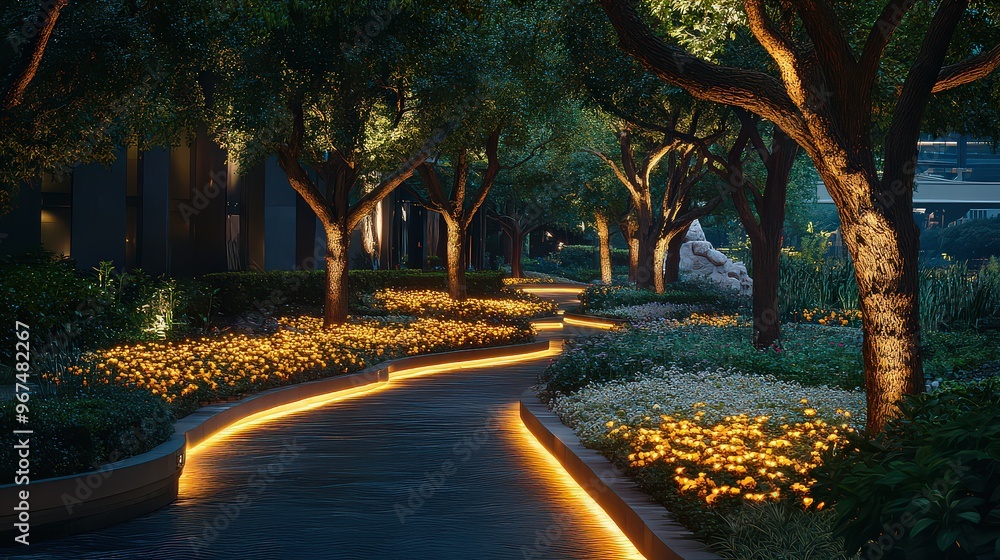 Tree uplighting installation showcasing illuminated trees, creating a dramatic nighttime effect ...