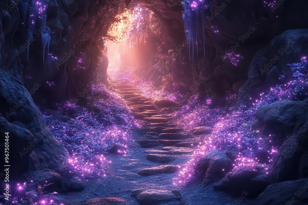 otherworldly alien cave with bioluminescent flora and crystalline ...