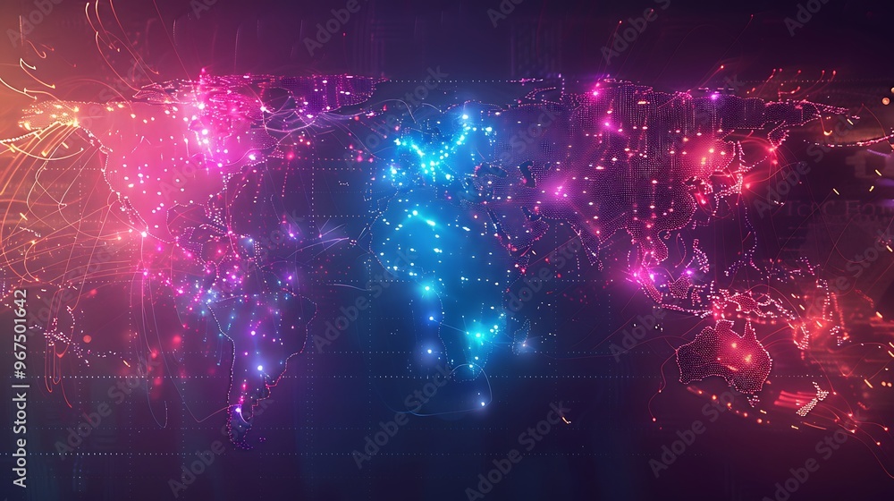 Neon Data Grid on World Map, Business Theme, Background, Neon, Data ...