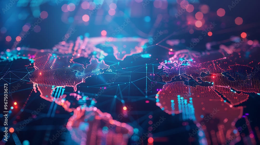 Neon Data Flow on Global Map, Business Theme, Background, Neon, Data ...