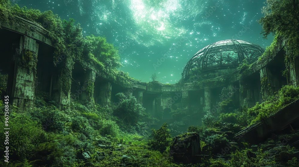 postapocalyptic space colony ruins overgrown alien flora reclaiming ...