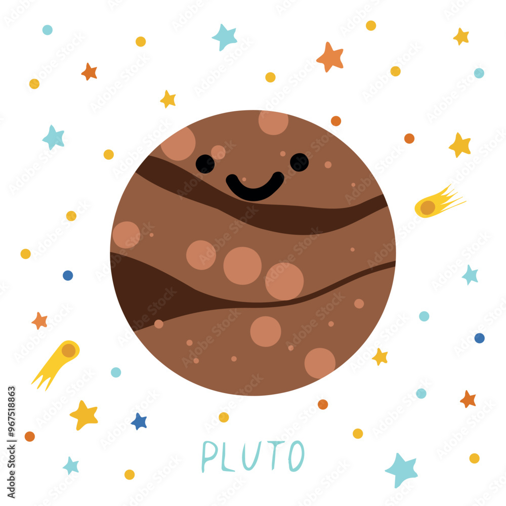Solar system of planets for kids. Pluto with cartoon face. Vector ...