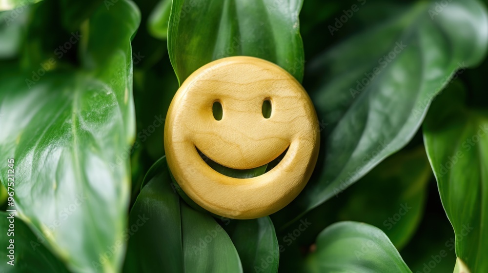 A cheerful wooden smiley face is positioned among lush, green leaves ...