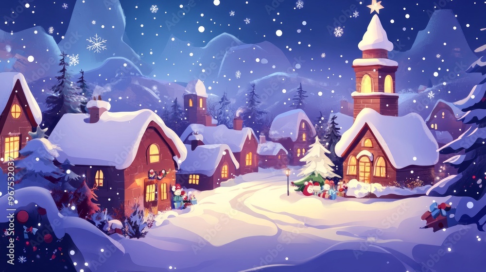 Snowy Christmas village with a church, snow falling and trees. Stock ...