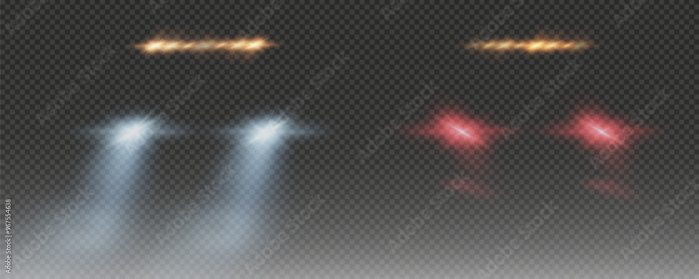 Realistic car headlights. Train moving effect, vector bright lights on ...
