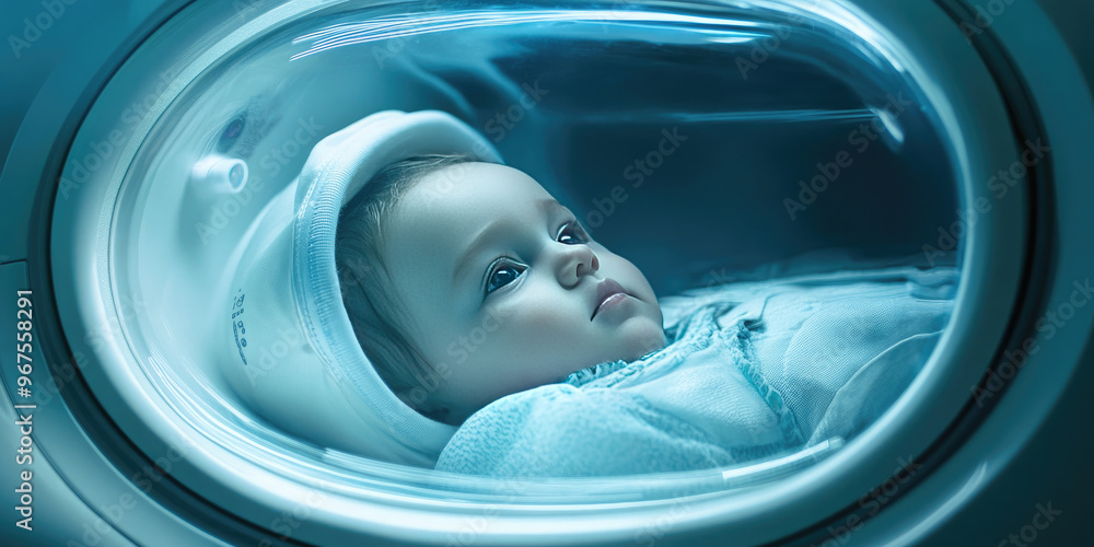 Tiny premature baby receiving phototherapy in a modern incubator under ...