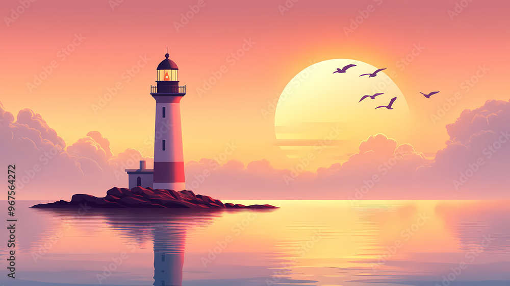 Beautiful lighthouse on the sea, calm water, pink sky, sunset. for ...