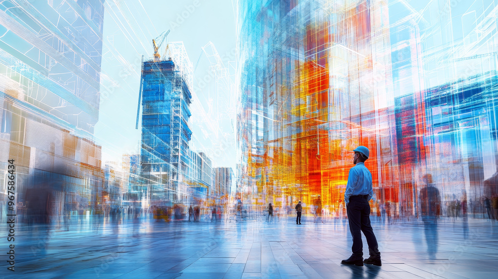 image depicts high tech engineering site with double exposure effect ...