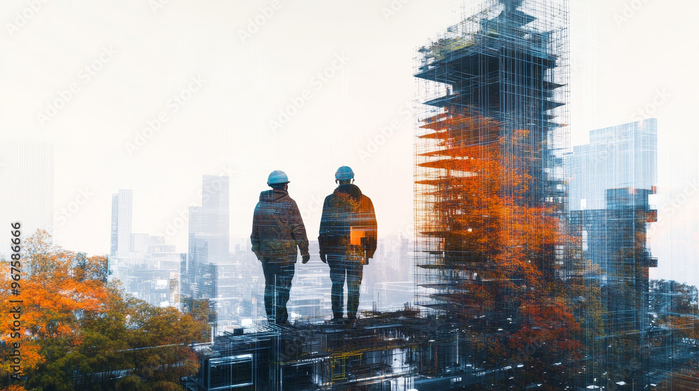 Engineers overseeing futuristic city project, standing on construction ...