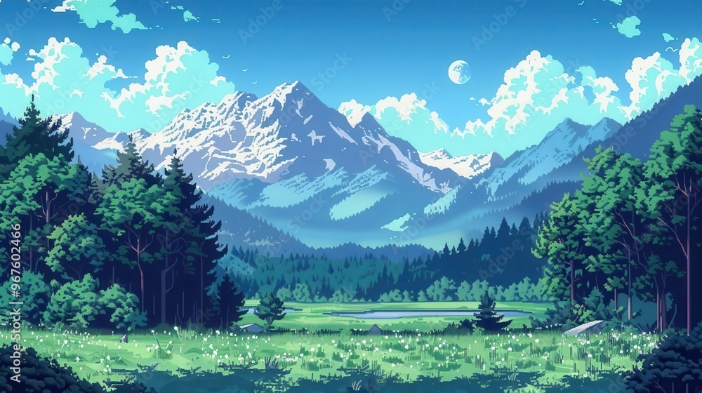 18 Digital pixel landscapes flat design side view anime theme 3D render ...