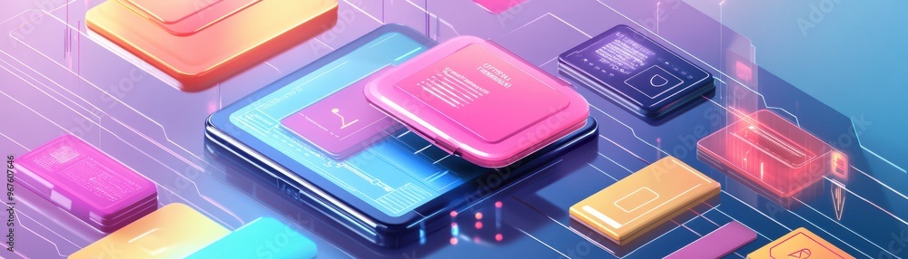 Colorful digital microchips and circuit design, symbolizing technology ...