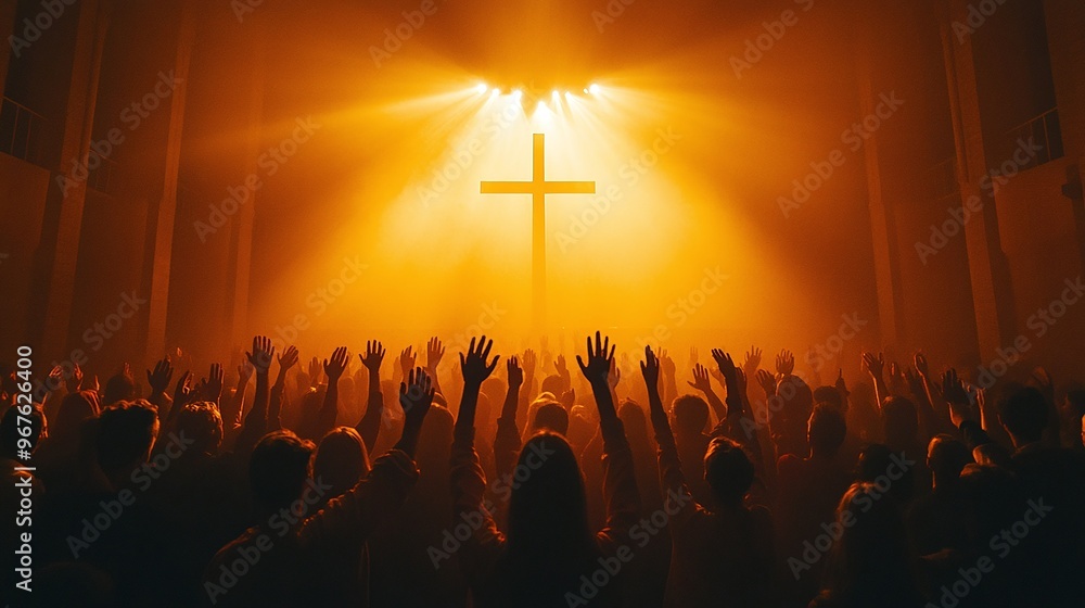 believers raising hands in prayer and worship in front of the cross ...