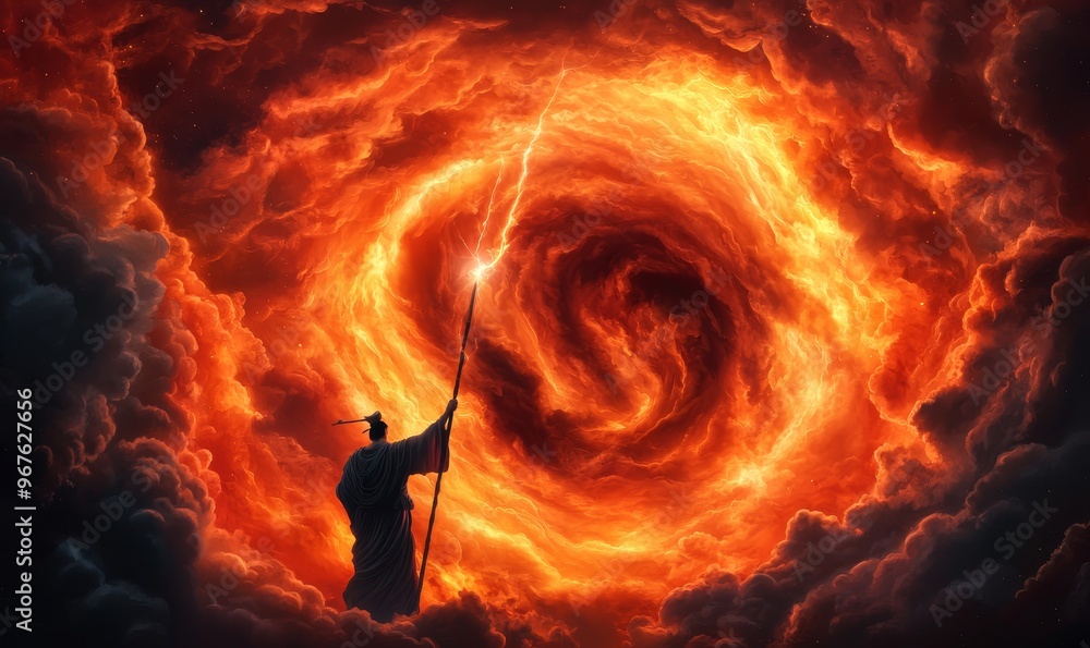 Surrealist illustration of Wukong splitting the sky with his staff ...