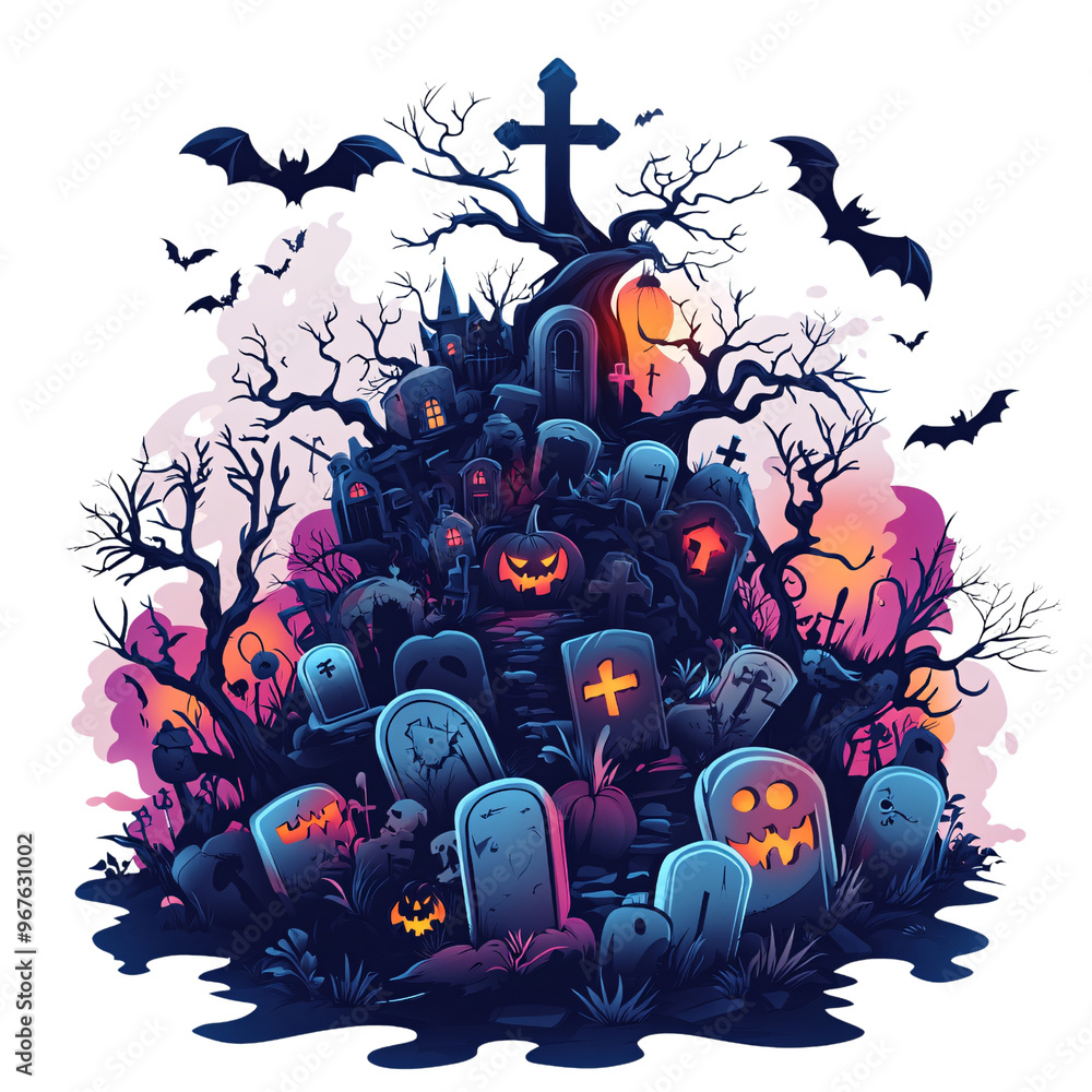 Halloween clipart graveyard spooky trees tombstones ghostly figures floating cartoon style ...