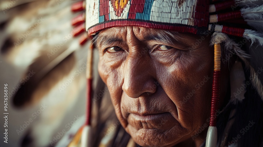dignified close-up portrait of a native american elder in traditional ...