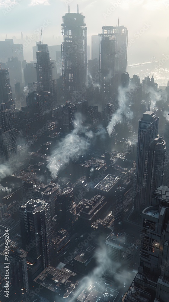 Highdetail 3D scene of a cityscape with buildings weeping, smog tears ...