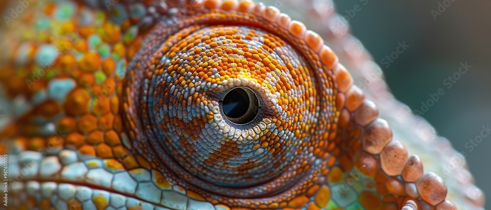 Macro image of a chameleons eye, highlighting the panoramic vision and ...