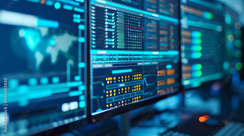 Network protocol analyzer displaying packet data and communication details on a computer screen ...