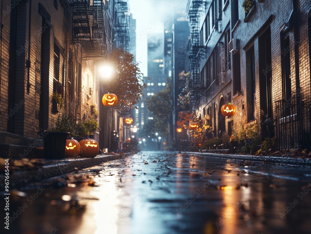 Spooky Halloween block party in a fog-filled urban alley glowing jack-o ...