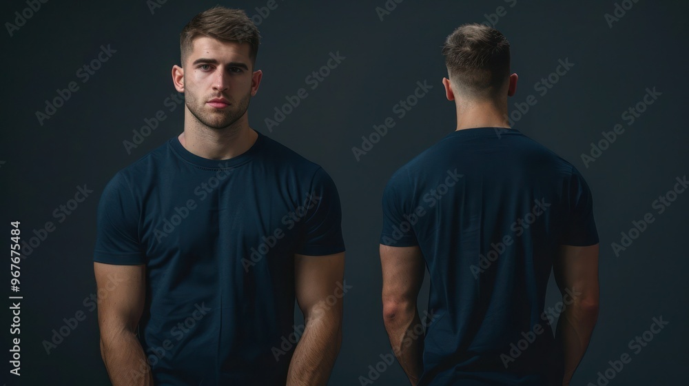 Stock-Foto „Male model in navy tshirt posing in a photo studio front ...