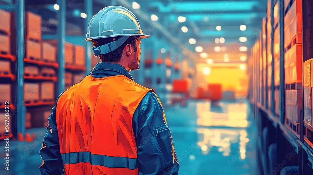 Warehouse worker unloading crates from a truck, wearing a safety vest ...