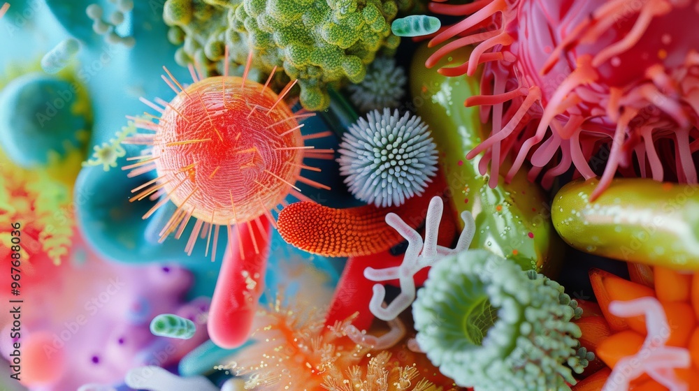 Close-up of colorful, detailed microorganisms under a microscope ...