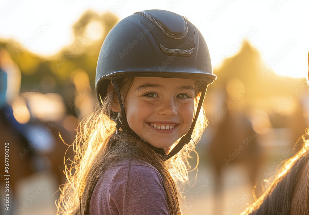 A young girl wearing an equestrian helmet smiles while sitting on the ...