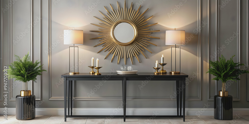 Elegant black console table with golden sunburst mirror above, adorned ...