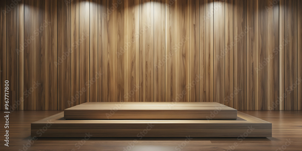Empty wooden product display corner with luxurious brown podium and ...