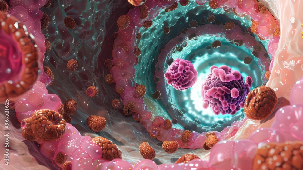 Cross-section of the colon affected by colorectal cancer, showing ...