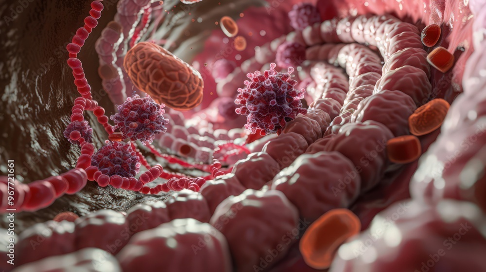 Cross-section of the colon affected by colorectal cancer, showing ...