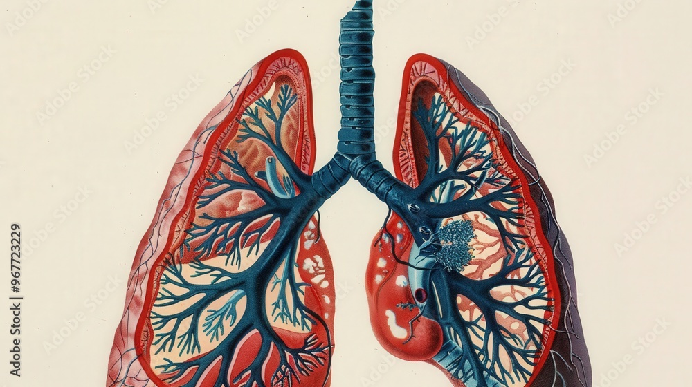 Cross-section of the lung, including bronchi, alveoli, and blood ...
