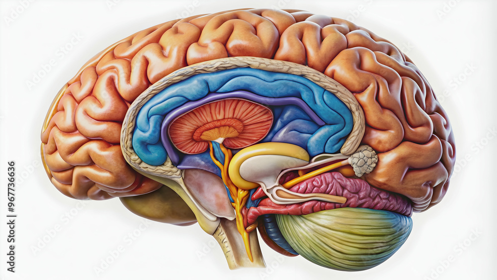 Detailed cross-section of human brain anatomy with cerebral cortex ...