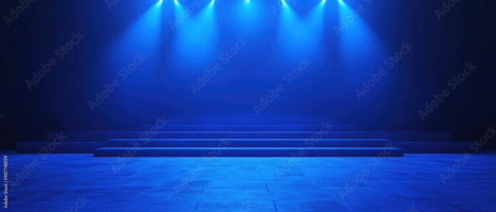 Podium empty stage view with blue themed spotlights for promotion and ...