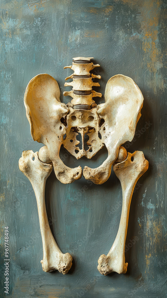 human pelvis anatomy is displayed prominently, showcasing labeled bones ...