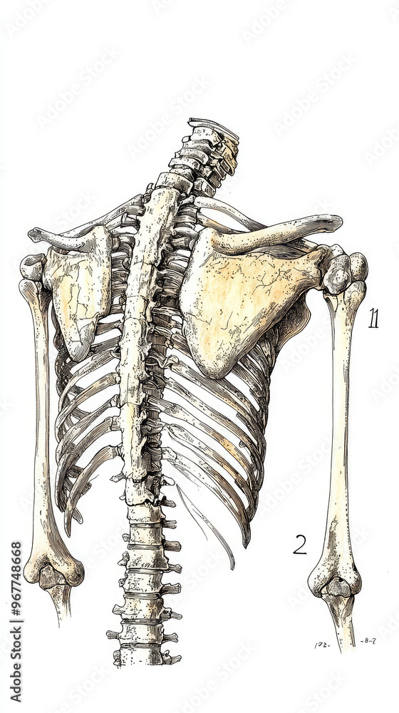 Anatomy of human shoulder girdle, showcasing labeled bones and skeletal ...