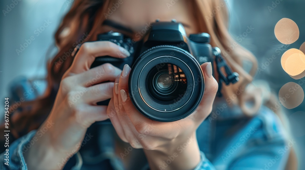 A person holding a camera and taking a photo, focusing on the hands and ...