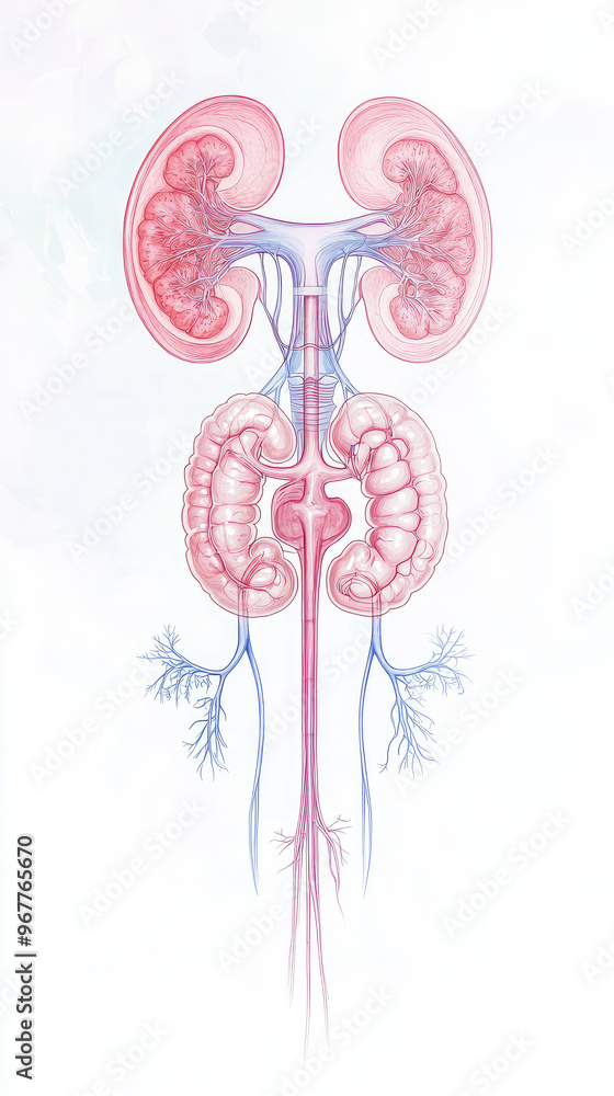 illustration depicts human urinary system, showcasing kidneys, ureters ...